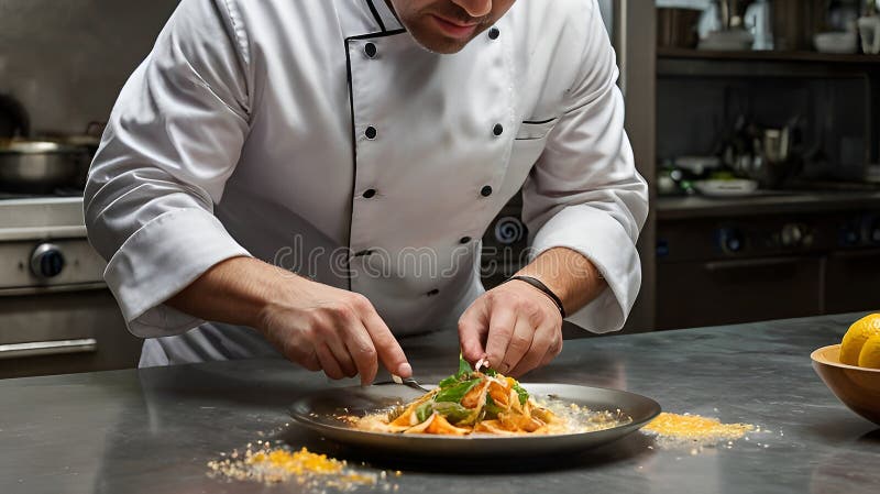 A Professional Chef in a White Tunic is Intently Preparing a Dish in ...
