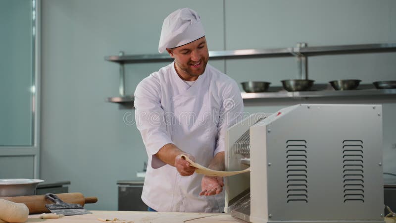Smiling Chef Working with Dough Sheeter Machine Stock Video - Video of ...