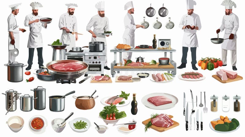 Professional Chefs Cook Meat, Fish, Vegetables, and Sauces in Kitchen ...