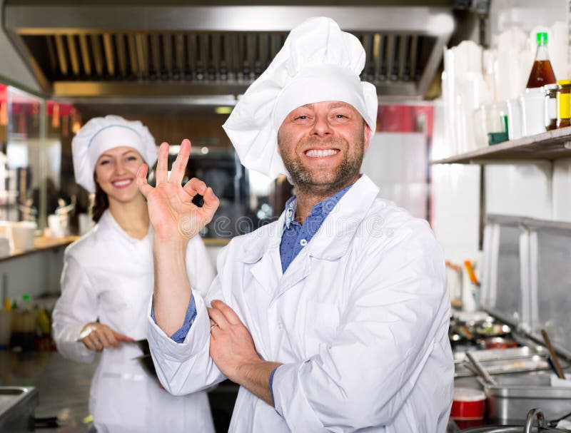 Professional Chefs Working at Take-away Stock Photo - Image of interior ...