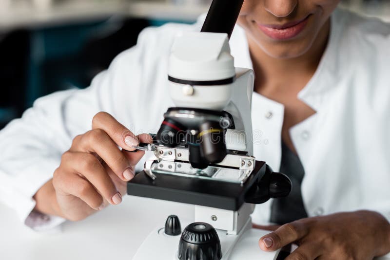 Professional Chemist Working with Microscope in Laboratory Stock Photo ...