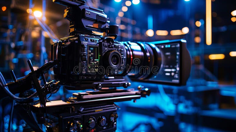 Professional Cinema Camera Setup in a Studio with Blue Lighting Stock ...