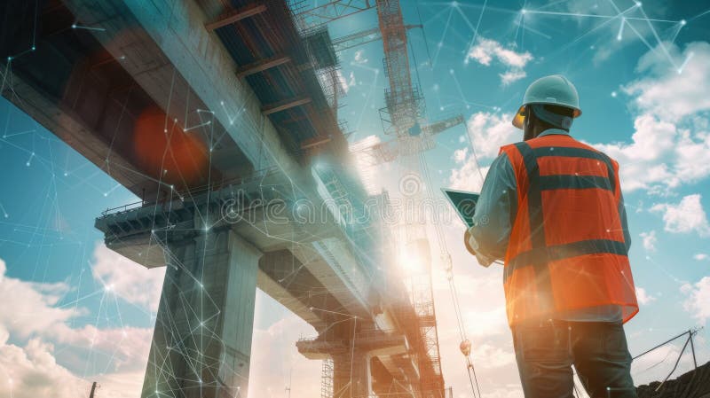 Professional Civil Engineer Holding Project Plan while Inspect Bridge ...