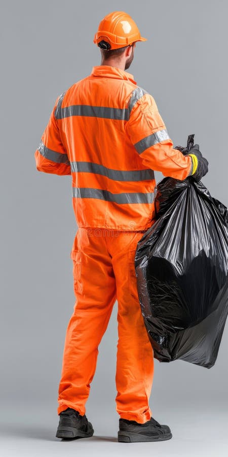 Professional Cleaner in Bright Orange Uniform Holding Black Garbage Bag ...