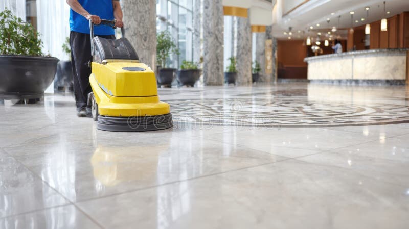 The Professional Cleaner Operating a Yellow Floor Scrubbing Machine in ...