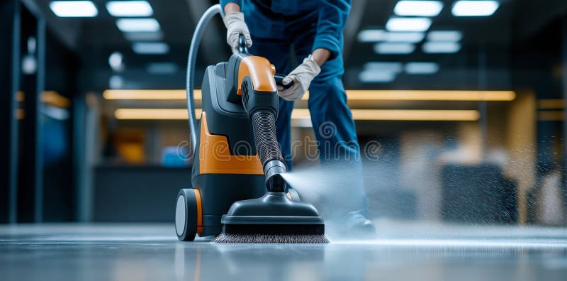Professional Cleaner is Using Floor Cleaning Machine in Modern Office ...