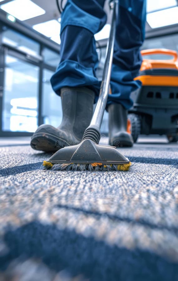 Professional Cleaner Using a Floor Scrubber on Office Carpet. Worker ...