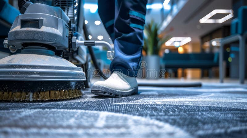 Professional Cleaner Using a Floor Scrubber on Office Carpet. Worker ...