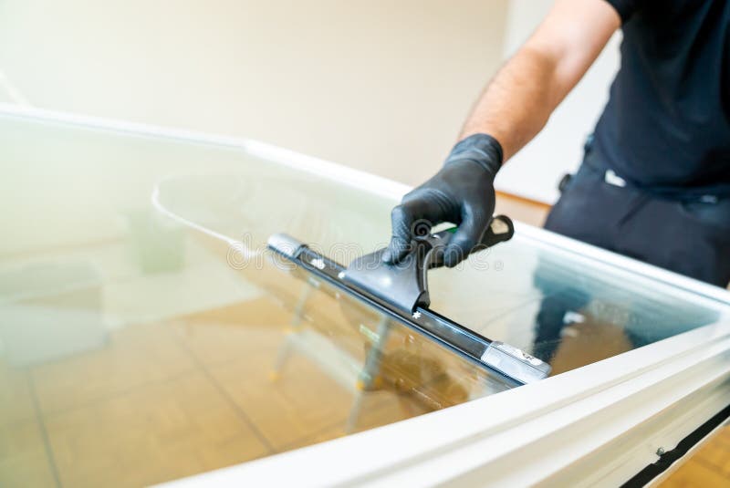 Professional Cleaner Using a Squeegee and Scraper To Clean a Large ...