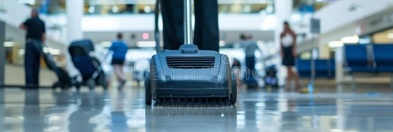 Professional Cleaners Using Vacuum in Spacious Office Building with ...
