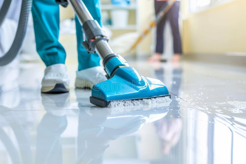 Professional Cleaners Using Vacuum in Spacious Office with Employees in ...