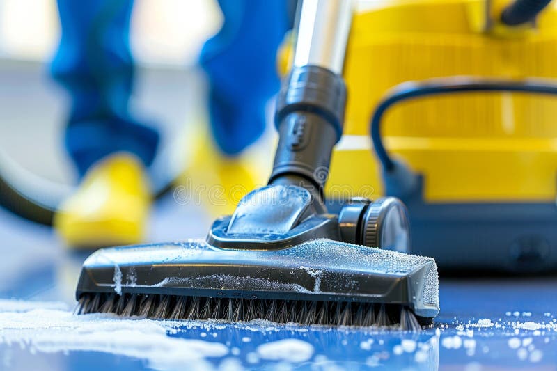 Professional Cleaning Crew Using Vacuum in Busy Office Building with ...