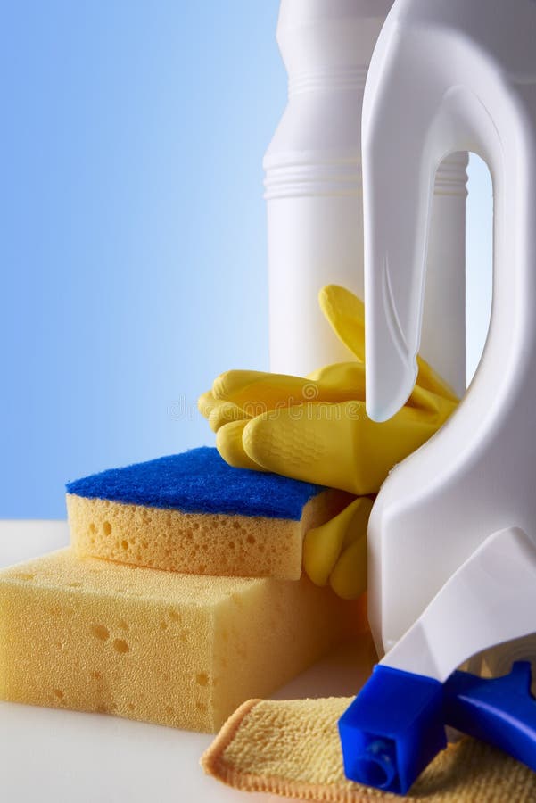 Professional Cleaning Equipment on White Table Closeup Stock Photo ...