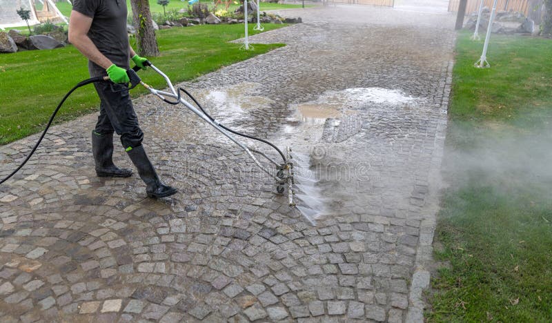 Professional Cleaning Service Worker Washing Cobblestone Stock Photo ...