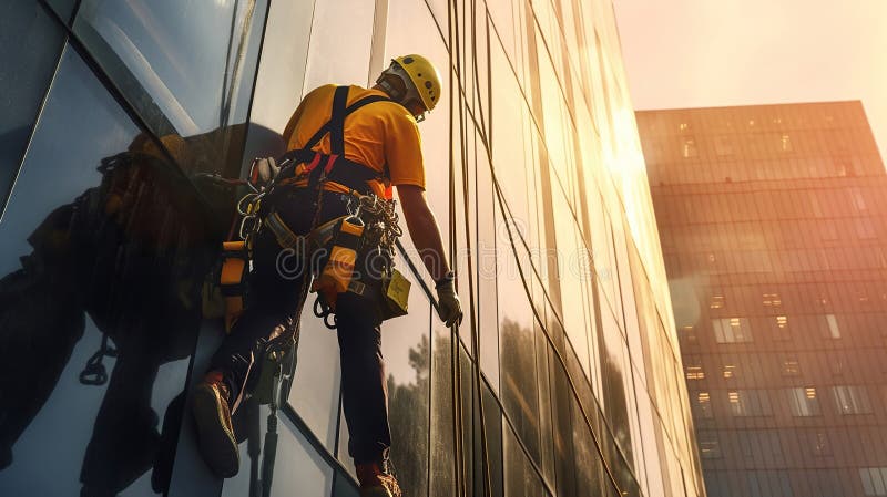 Professional Climber Rope Access Worker Cleaning the Windows on the ...