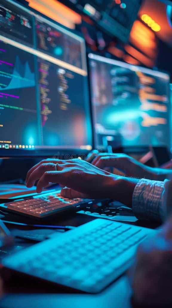 Professional Coder Immersed in Programming at a Vibrant Workstation in a Tech Hub Stock Photo ...