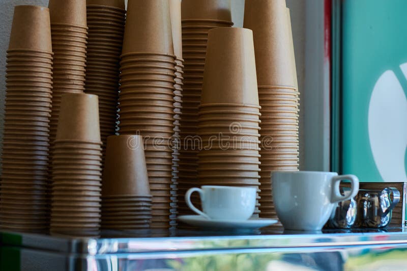Professional Coffee Machine in Coffee Shop with Empty Craft Disposable ...