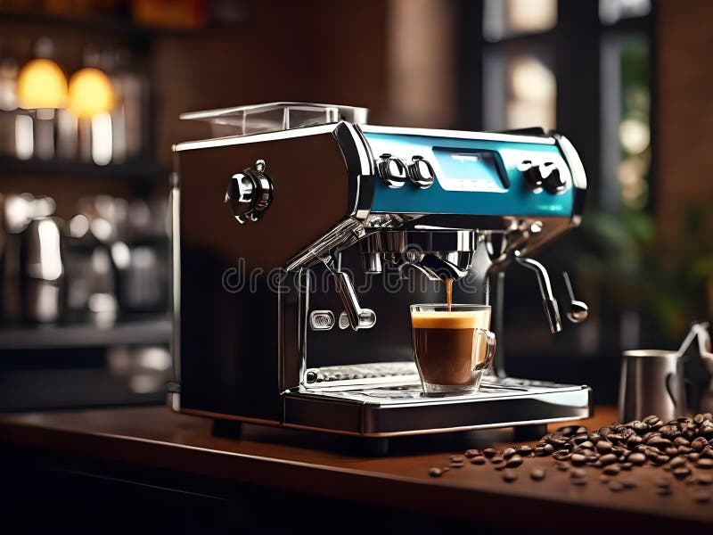 Professional Coffee Machine and Cup of Coffee on Wooden Table in Coffee ...
