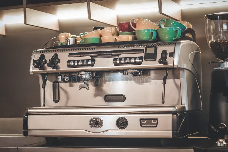 Professional Coffee Machine on a Gray Background with Colored Circles ...