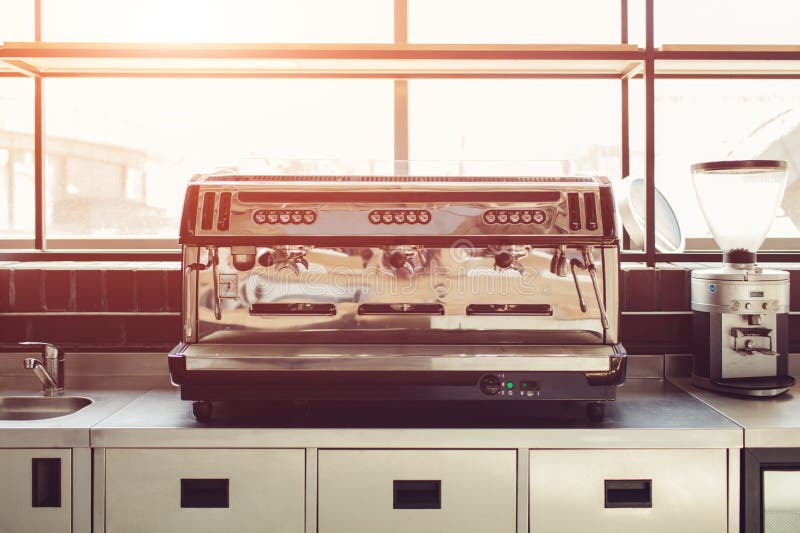 Professional Coffee Machine in Kitchen of Restaurant. Modern Equipment ...