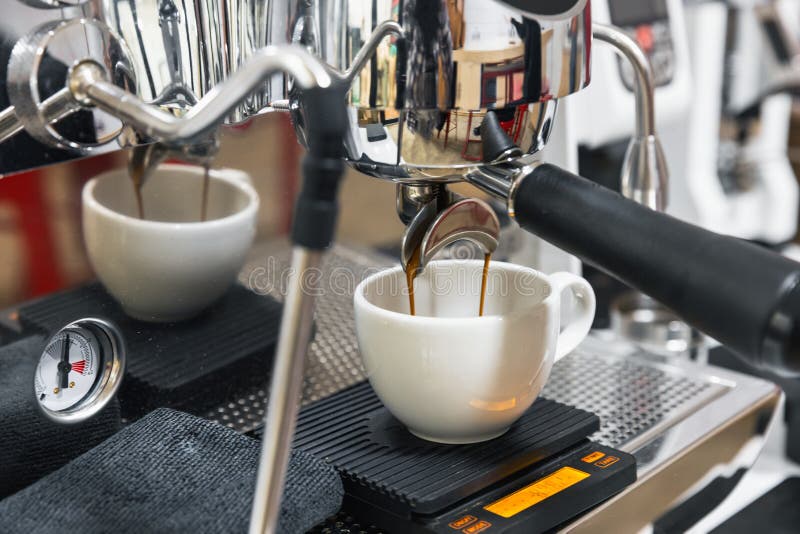 Professional Coffee Machine Makes an Espresso Coffee, Close-up Stock ...