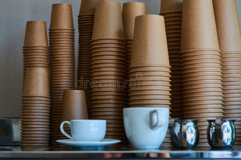 Professional Coffee Machine in Coffee Shop with Empty Craft Disposable ...