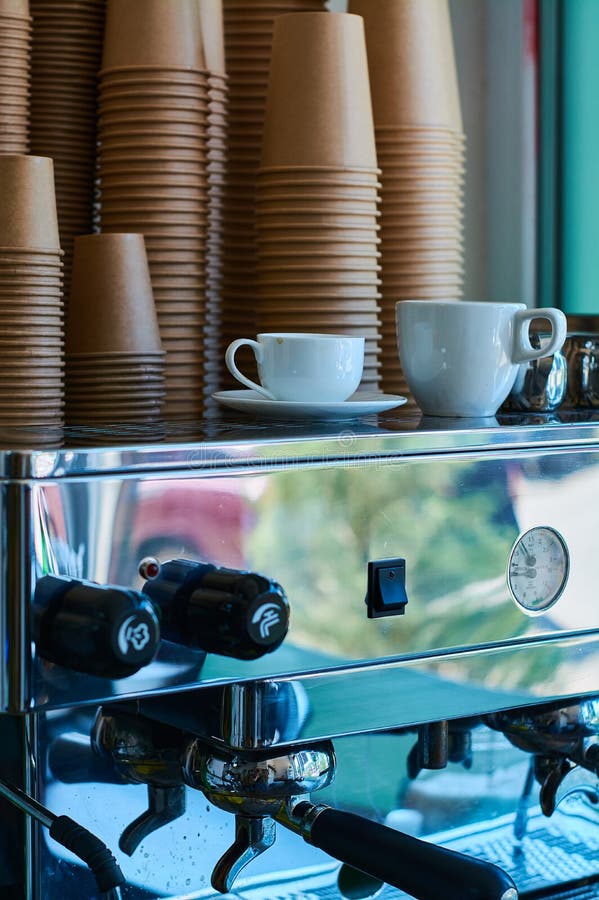 Professional Coffee Machine in Coffee Shop with Empty Craft Disposable ...
