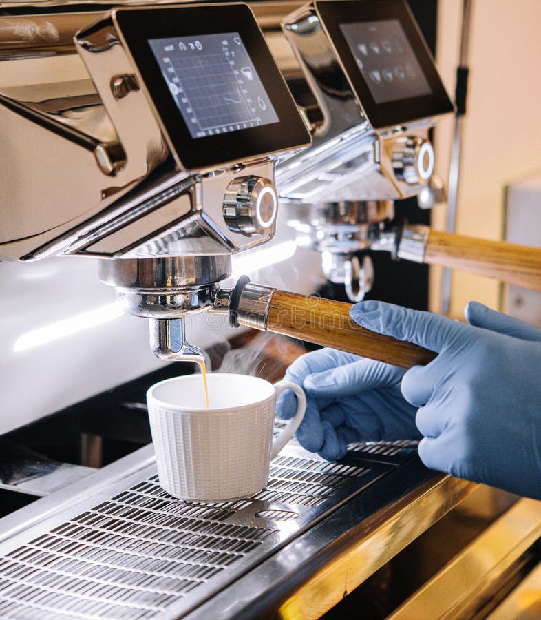 Professional Coffee Machine with White Cup and Pouring Drink Stock ...