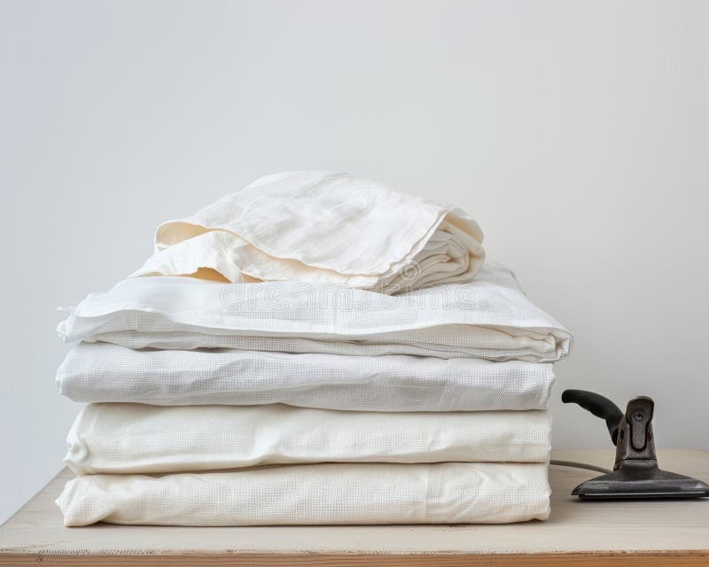 Professional Commercial Laundry Equipment with Stack of Clean Sheets on ...