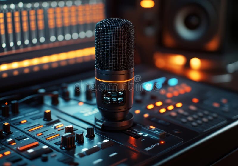 Professional Condenser Microphone on Mixing Console in Recording Studio ...