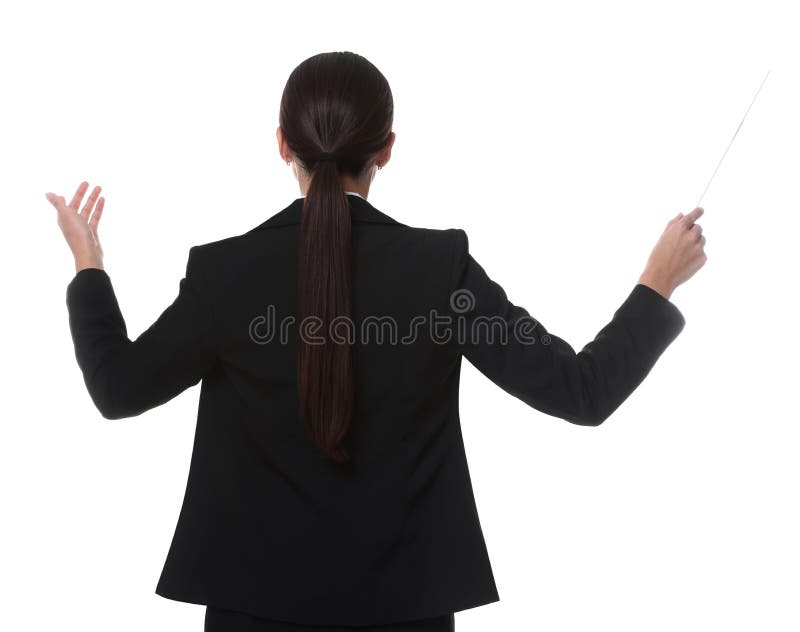 Professional Conductor with Baton on White Background, Back View Stock ...