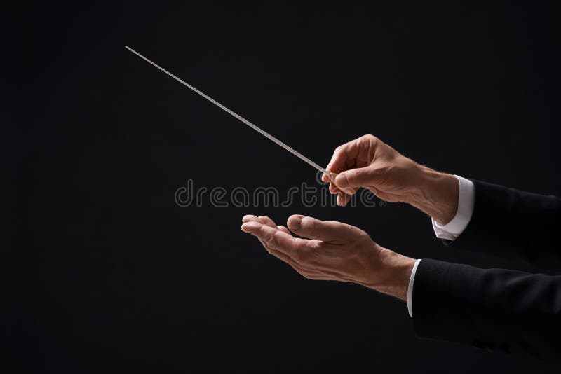 Professional Conductor with Baton and Note Stand on Dark Background ...