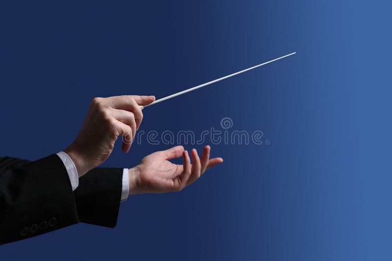 Professional Conductor with Baton on Blue Background, Closeup Stock ...