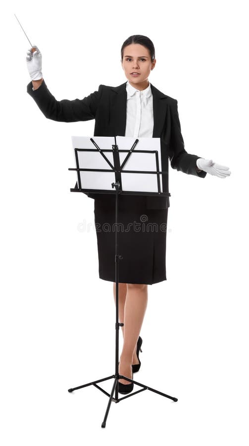 Professional Conductor with Baton and Note Stand on White Background ...