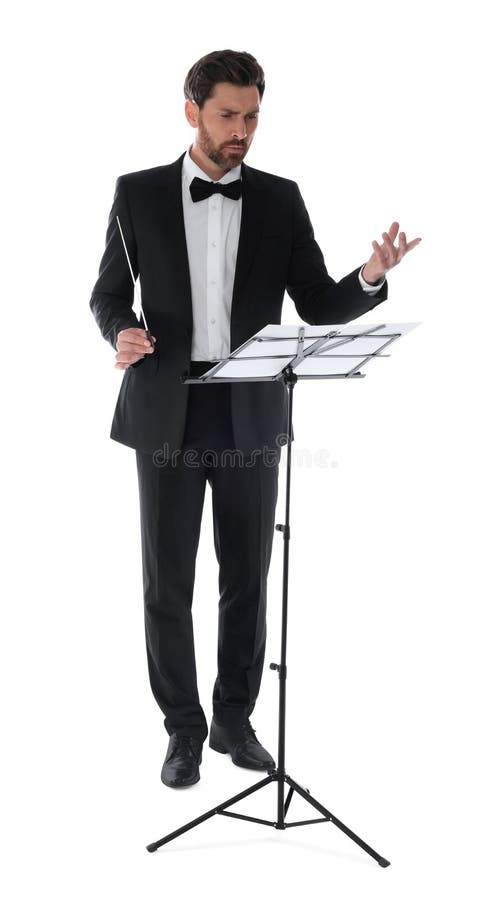 Professional Conductor with Baton and Note Stand on White Background ...
