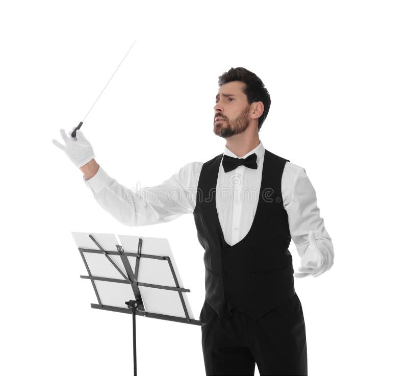 Professional Conductor with Baton and Note Stand on White Background ...