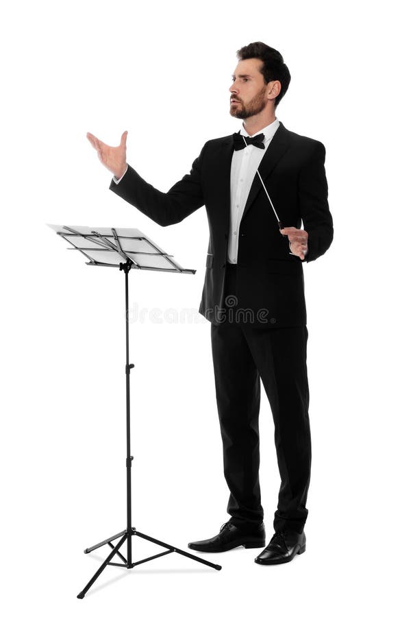 Professional Conductor with Baton and Note Stand on White Background ...