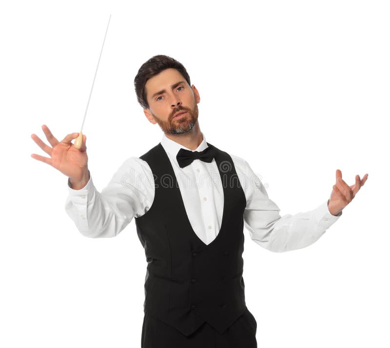 Professional Conductor with Baton on White Background Stock Photo ...