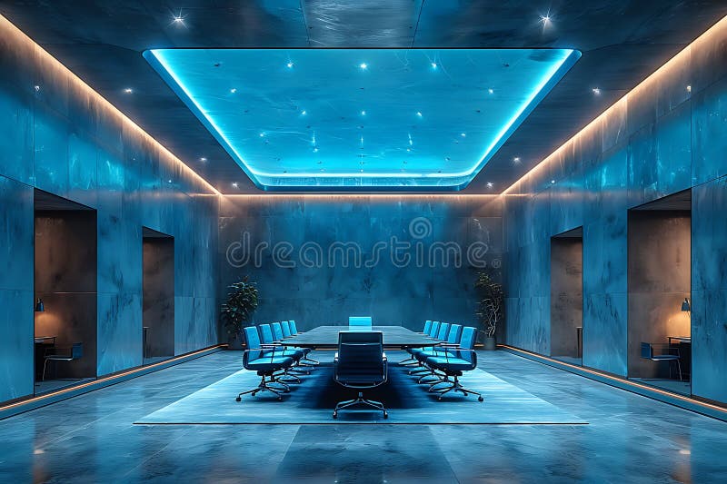 Professional Conference Room Setup with Blue Backdrop Stock ...