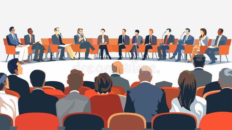 Professional Conference Stage with Group of Speakers in Discussion ...