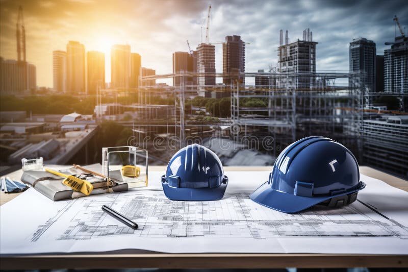 Professional Construction Blueprint with Helmet and Essential Tools for Building Projects Stock ...