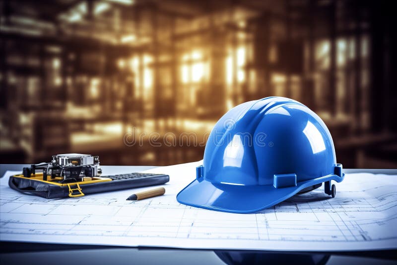 Professional Construction Blueprint with Helmet and Essential Tools for ...