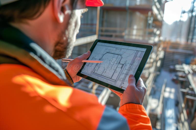 Engineer Focused on Analyzing Architectural Blueprints. Stock ...