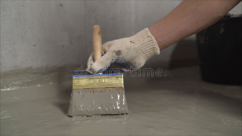 Construction Worker Applying Waterproofing Membrane Concrete Floor ...