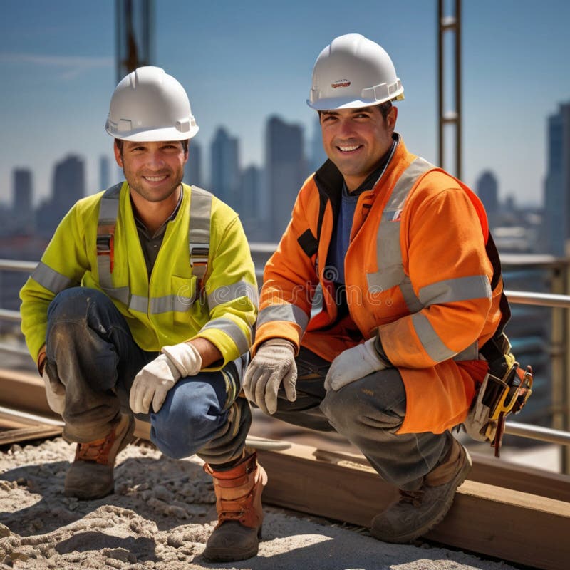 Construction Workers Wearing Safety Gear and Safety Harness while ...