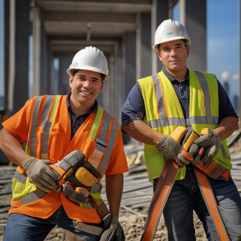 Construction Workers Wearing Safety Gear and Safety Harness while ...