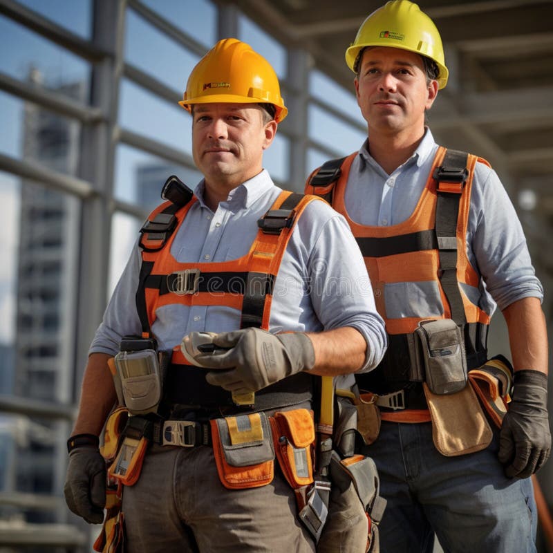 Construction Workers Wearing Safety Gear and Safety Harness while ...