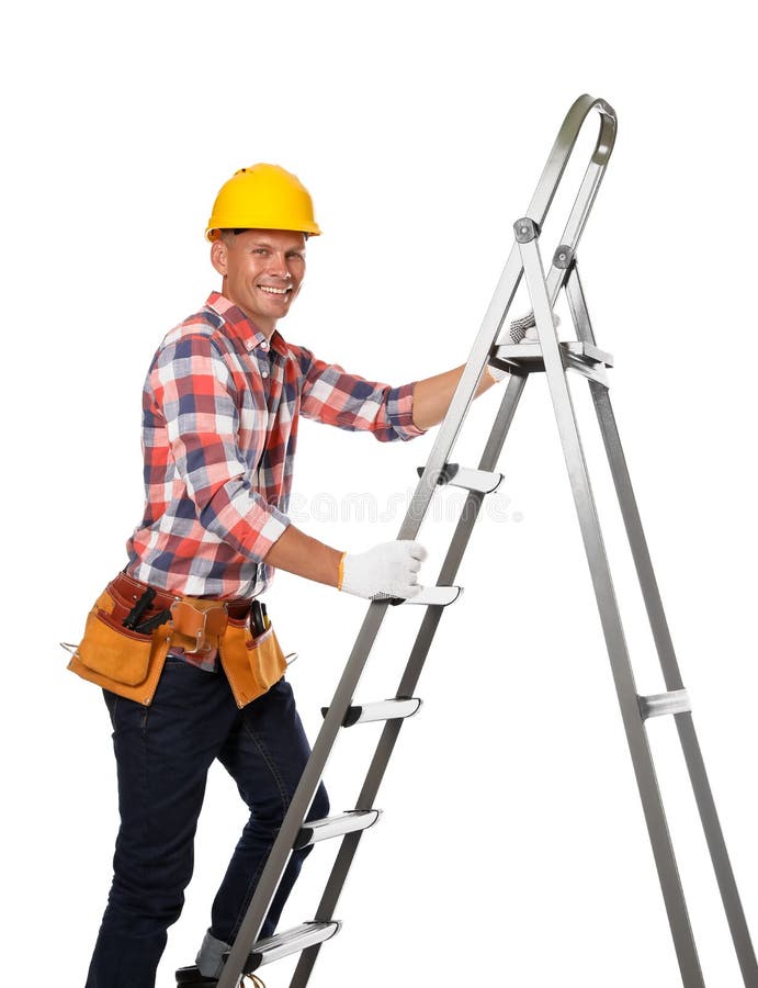 Professional Constructor Climbing Ladder on White Background Stock ...
