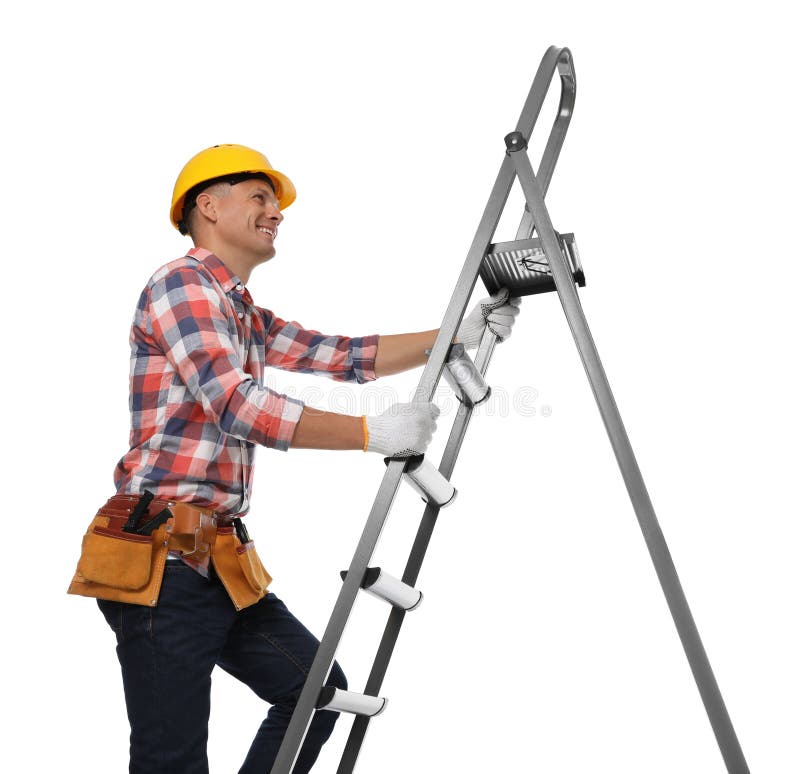 Professional Constructor Climbing Ladder on White Background Stock ...