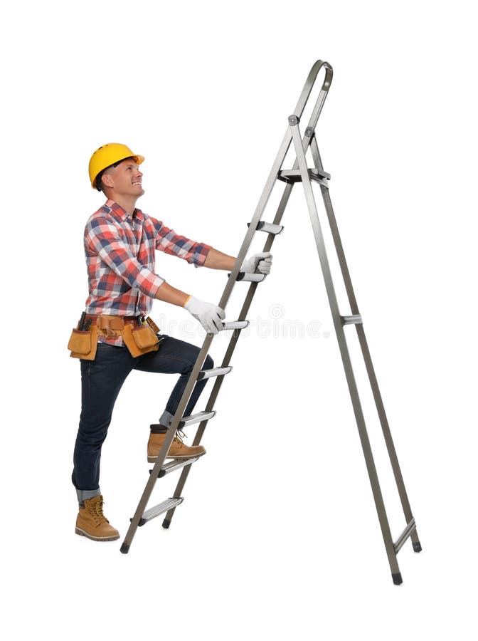 Constructor Climbing Stepladder Doing House Renovation. Builder in ...